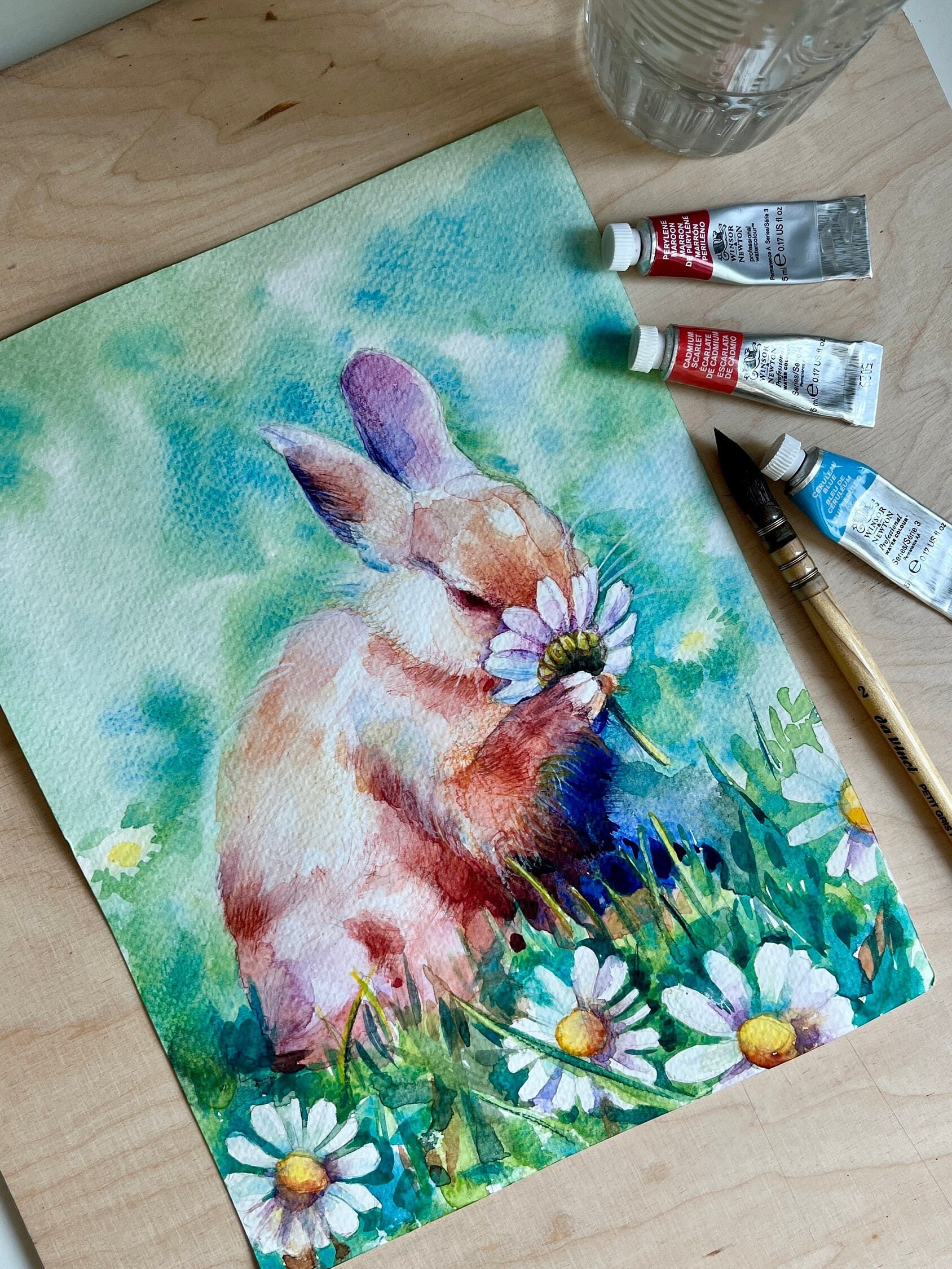 Small Painting Rabbit Watercolor, Pink Rabbit in Chamomiles Art, Baby ...