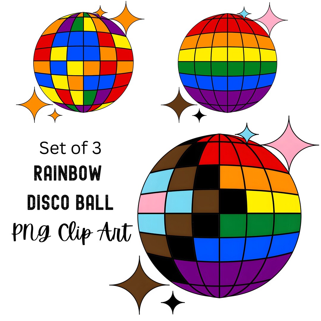 Rainbow Disco Ball Set of Three PNG, Disco Ball Clipart, Digital Download, Disco Balls PNG ...
