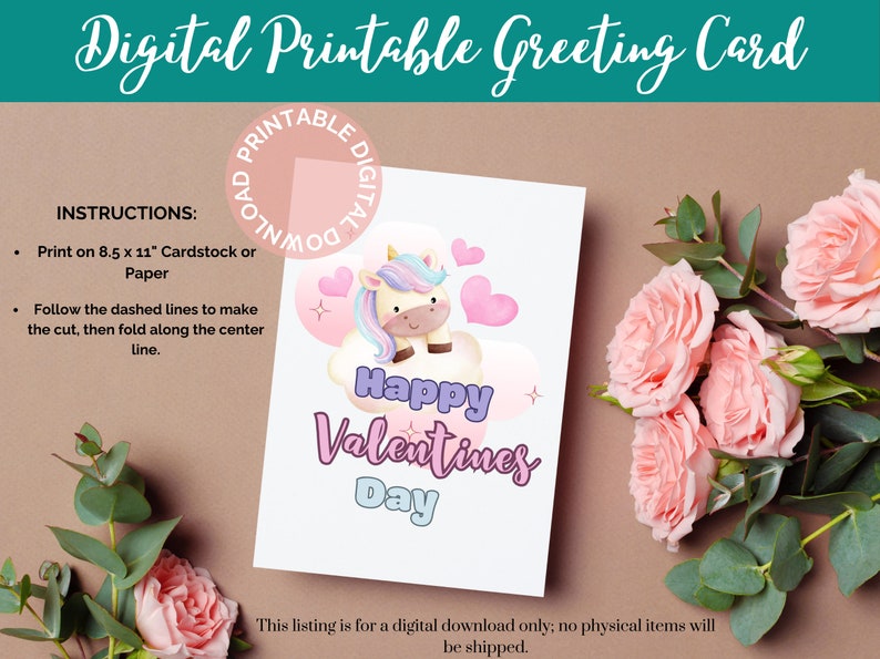 Printable Unicorn Valentines Greeting Card Digital Download Unicorn for ...