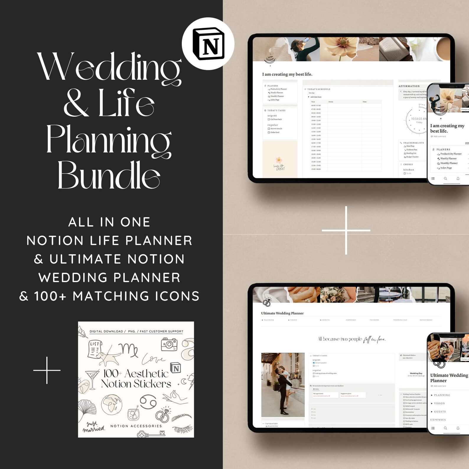 Notion Life Planner Template, Wedding Planner, All in One Notion Dashboard, Aesthetic Notion ...