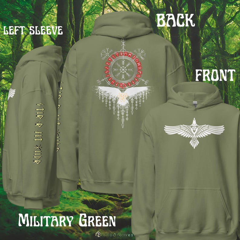 Vegvisir Raven & Runes Viking Hooded Sweatshirt, Nordic Clothing ...