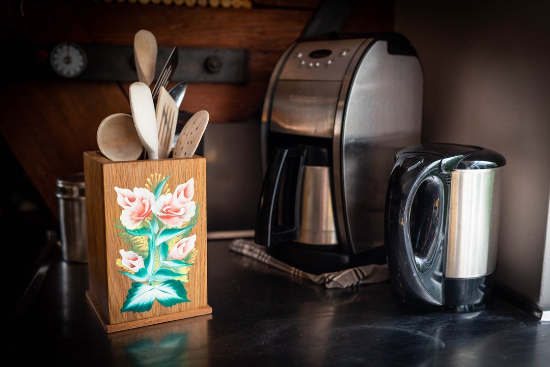 Handmade Decorated Wooden Oak Kitchen Utensil Box Floral Design set of ...