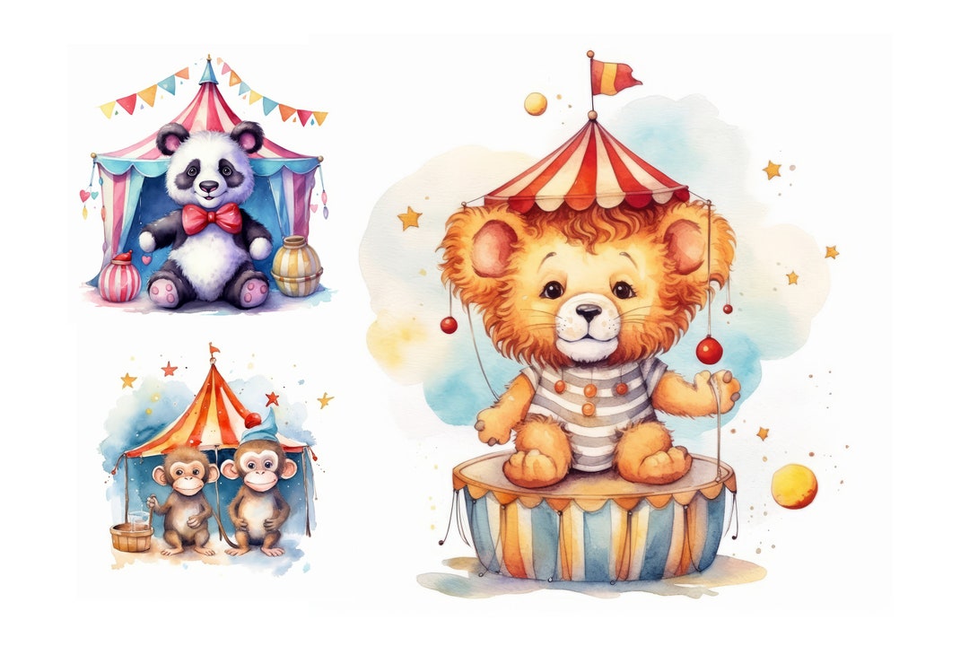 Watercolor Circus Baby Animals Clipart Bundle, High Quality Jpgs ...