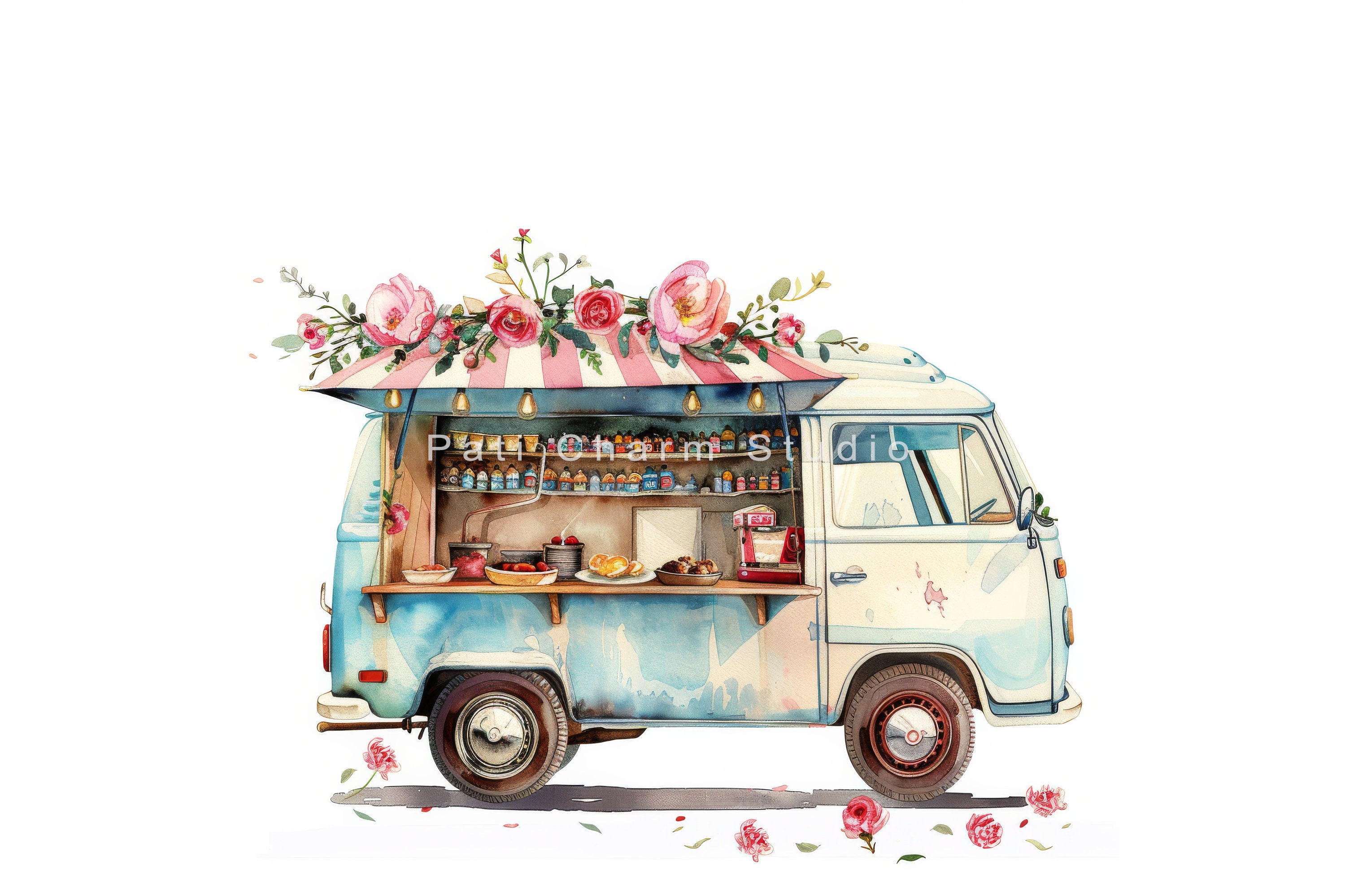 Floral Food Truck Clipart Bundle, Watercolor Food Clipart, Summer ...