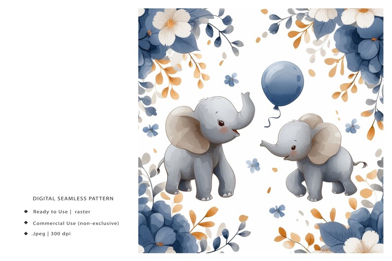 Elephant Digital Paper, Baby Shower Wallpaper, Seamless Pattern for ...