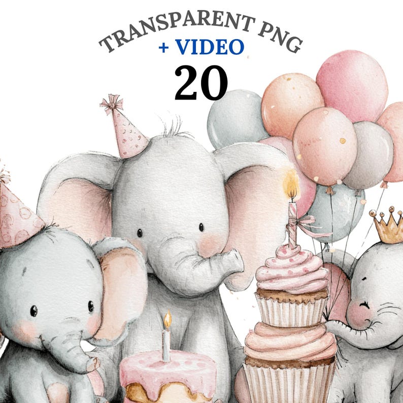 20 Elephant Birthday Clipart PNG + Video, Baby Elephant Party ...