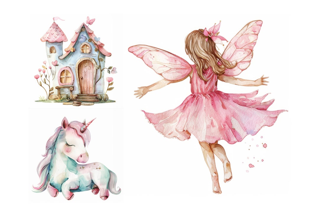 Watercolor Fairy Clipart Bundle, Pink Fairy Digital Clipart, Nursery ...