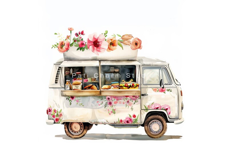 Floral Food Truck Clipart Bundle, Watercolor Food Clipart, Summer ...