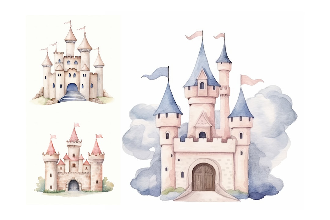 Watercolor Pastel Castle Clipart Bundle, 9 High Quality Jpgs, Baby Girl ...