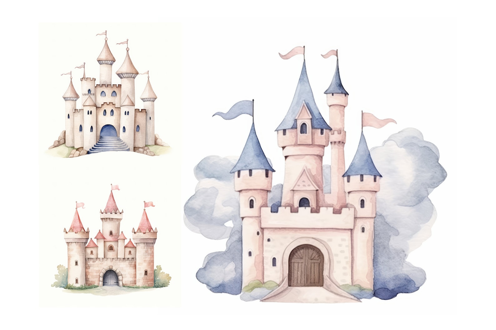 Watercolor Pastel Castle Clipart Bundle, 9 High Quality Jpgs, Baby Girl ...