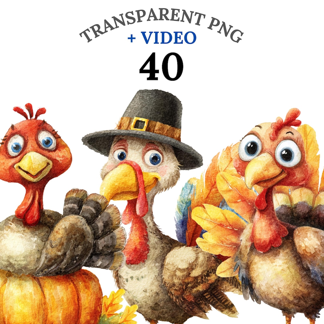 40 Quirky Turkey Clipart PNG, Funny Thanksgiving Birds, Cute Watercolor ...