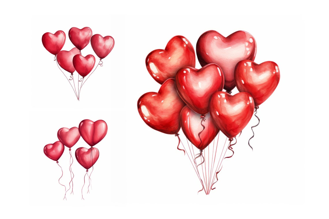 Watercolor Heart Balloons Clipart Bundle, Valentines Day Clipart ...