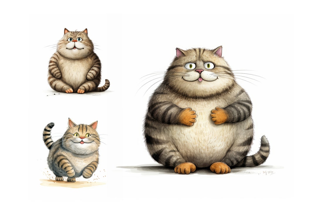 Fat Cat Clipart Bundle, Jpgs, Watercolor Funny Cat Clipart, Cute Kitten ...