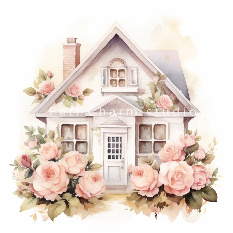 Pink Floral House Clipart, High Quality Jpgs, Blush Roses House Clipart ...