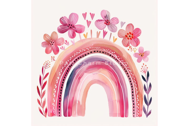 Nursery Pink Rainbow Clipart Bundle, Watercolor Clipart, Pink Clipart ...