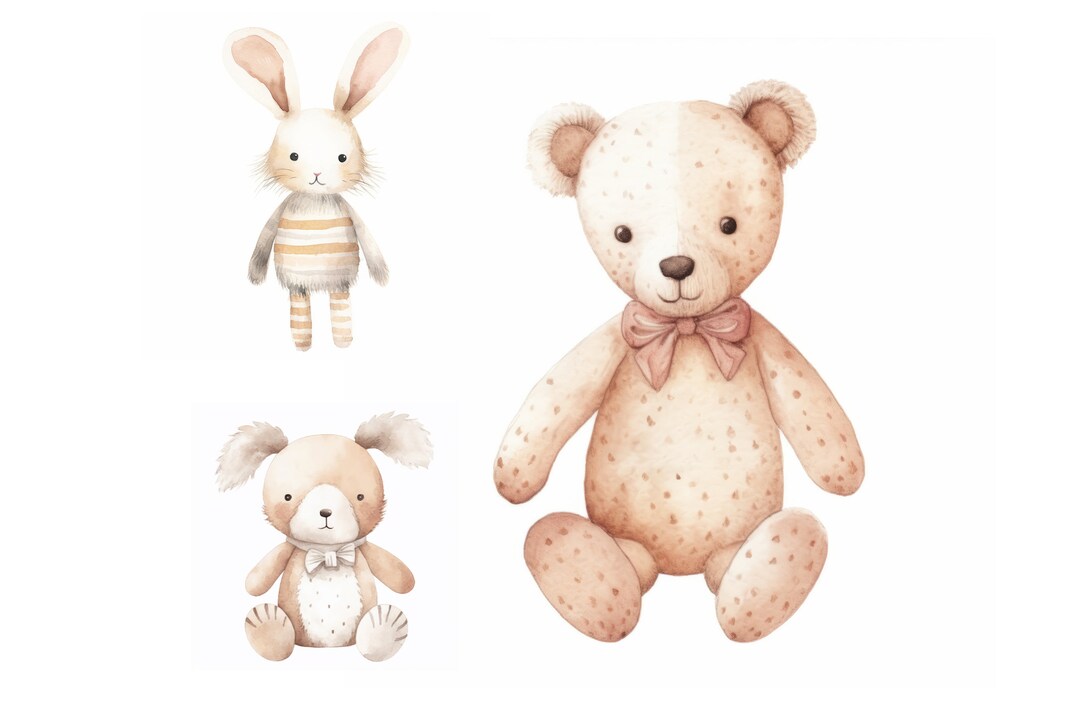 Fluffy Bunny Clipart Set - Watercolor Toys Clipart Bundle -- High ...