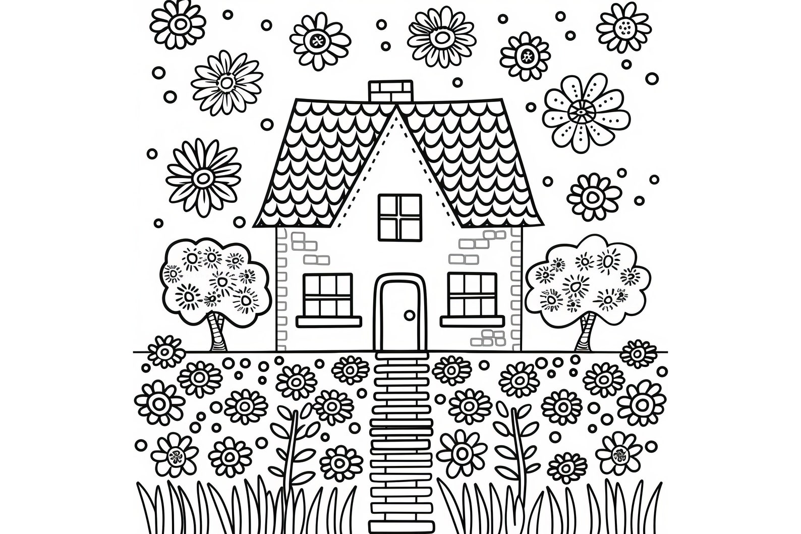 Floral House Coloring Page for Kids, Instant Download, Coloring Book ...