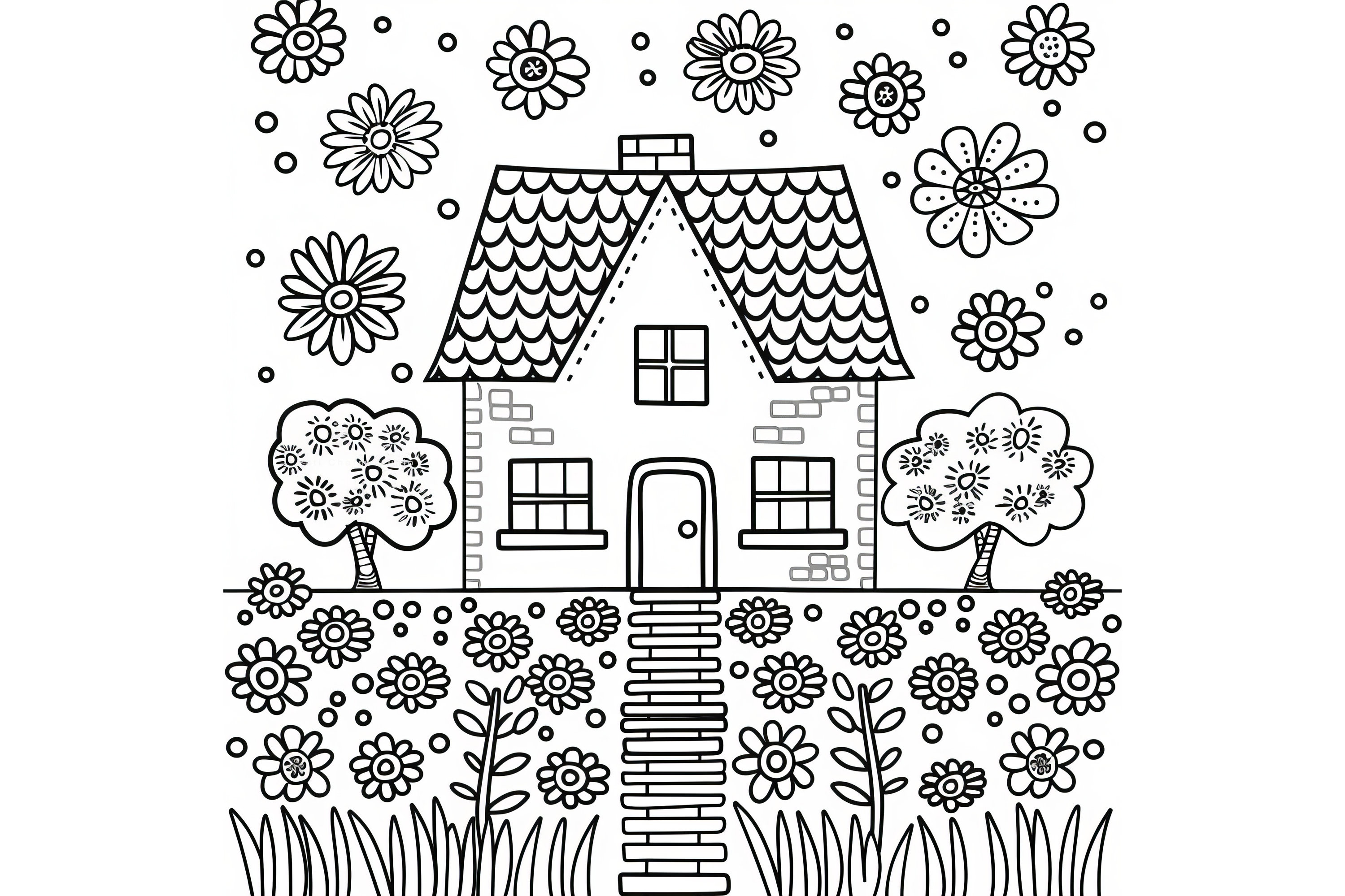 Floral House Coloring Page for Kids, Instant Download, Coloring Book ...