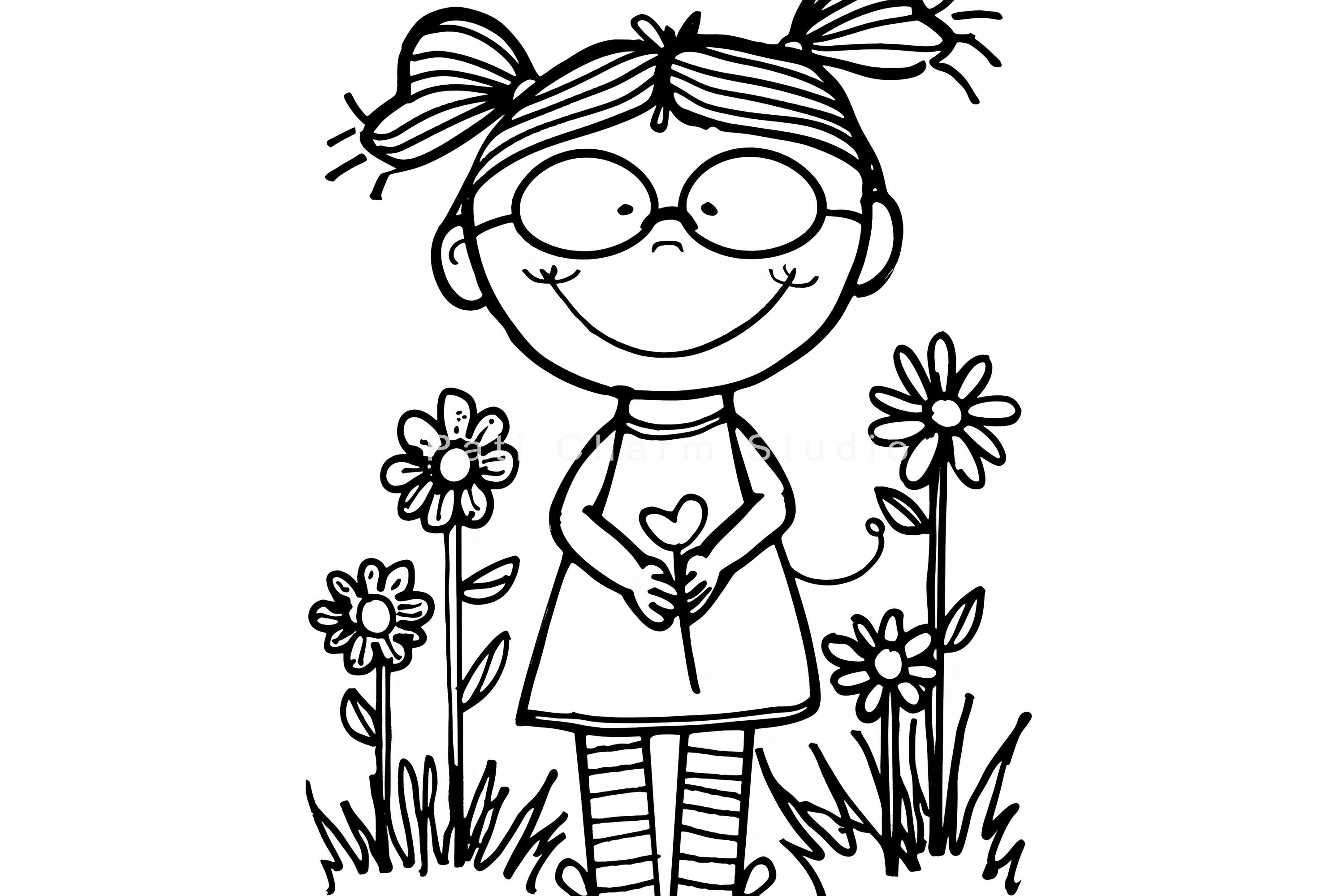 Cute Girl With Flower Coloring Page for Kids, Instant Download ...