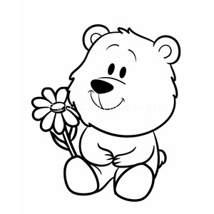 Cute Bear With Flowers Coloring Page for Kids, Instant Download ...