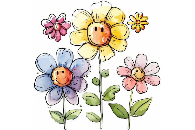 Happy Flowers Clipart Bundle, High Quality Jpgs, Watercolor Floral ...