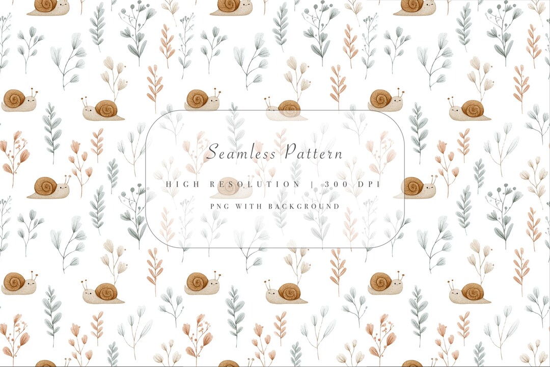 Snail Seamless Pattern PNG - Cute Watercolor Snails and Botanical ...