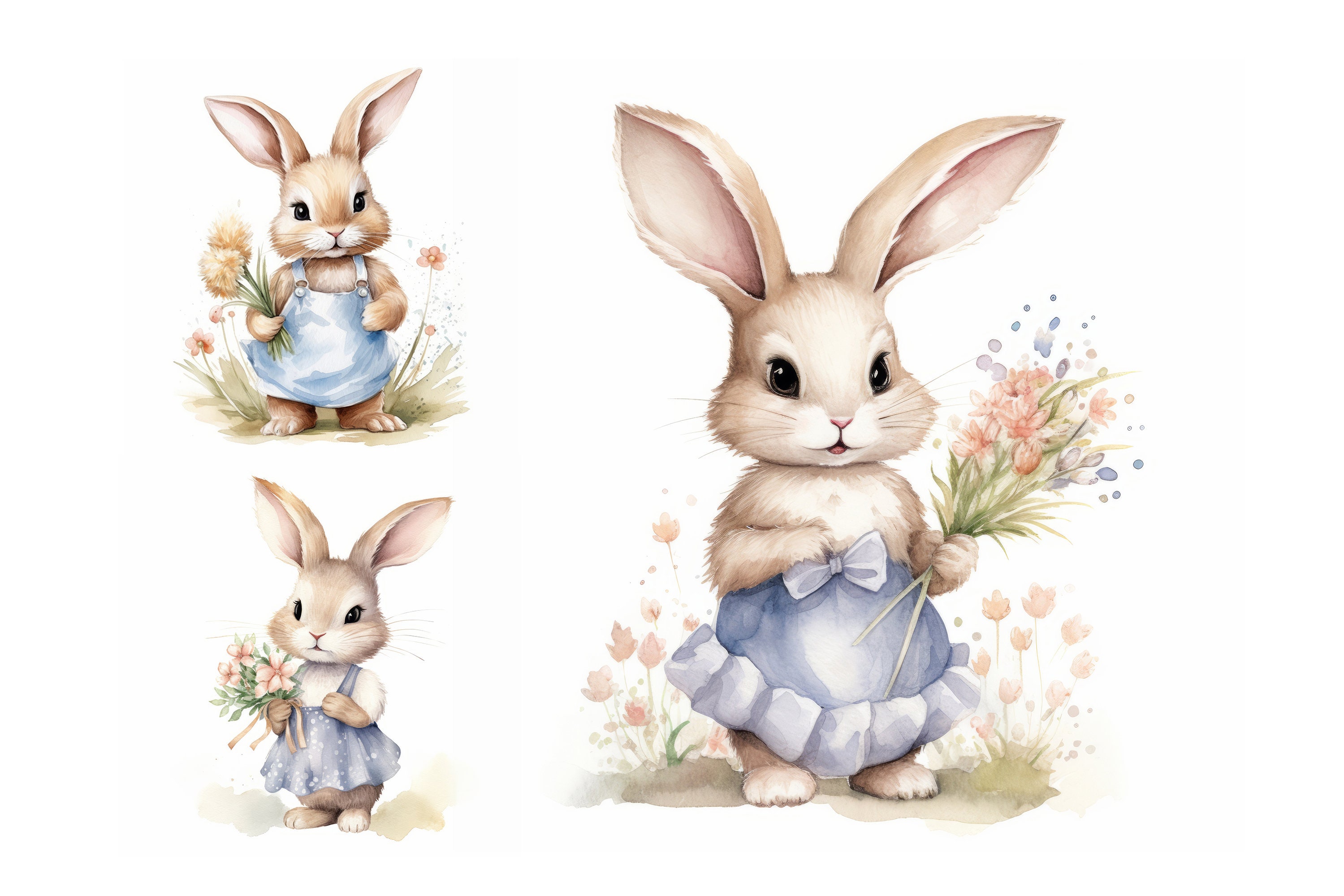 Easter Bunny Clipart Set, Spring Rabbit Clipart, Watercolor Baby Animal ...