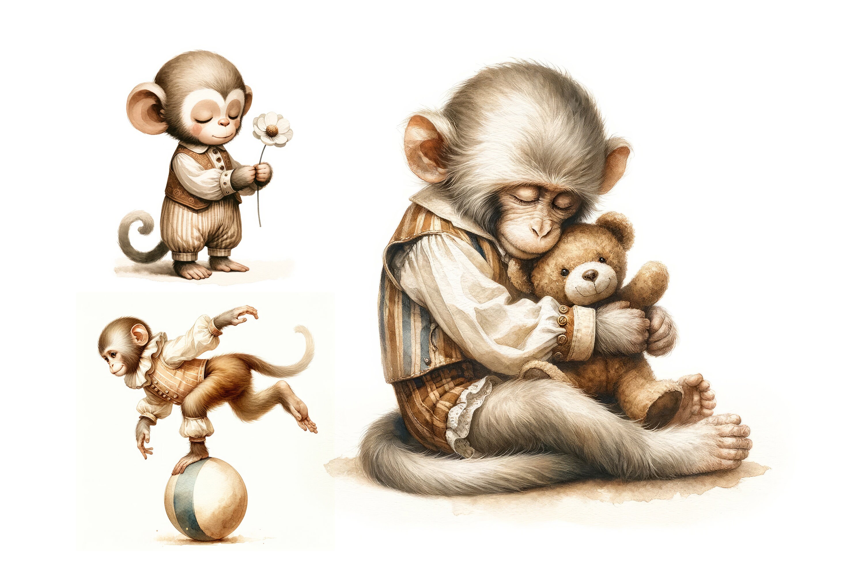Circus Monkey Clipart Bundle, High Quality Jpgs, Watercolor Monkey Clip ...