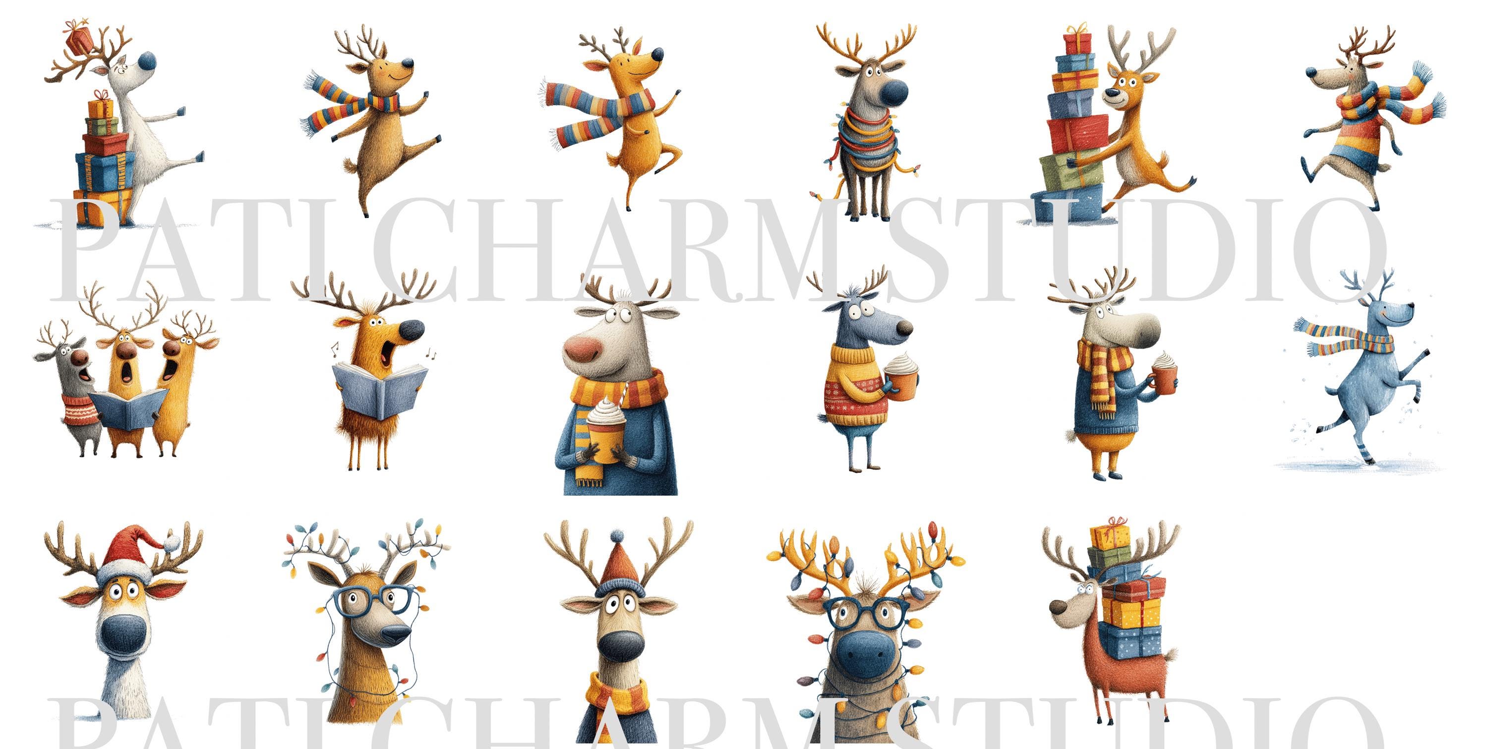 Quirky Reindeers Clipart PNG Set, Cute Christmas Deer Graphics, Funny ...