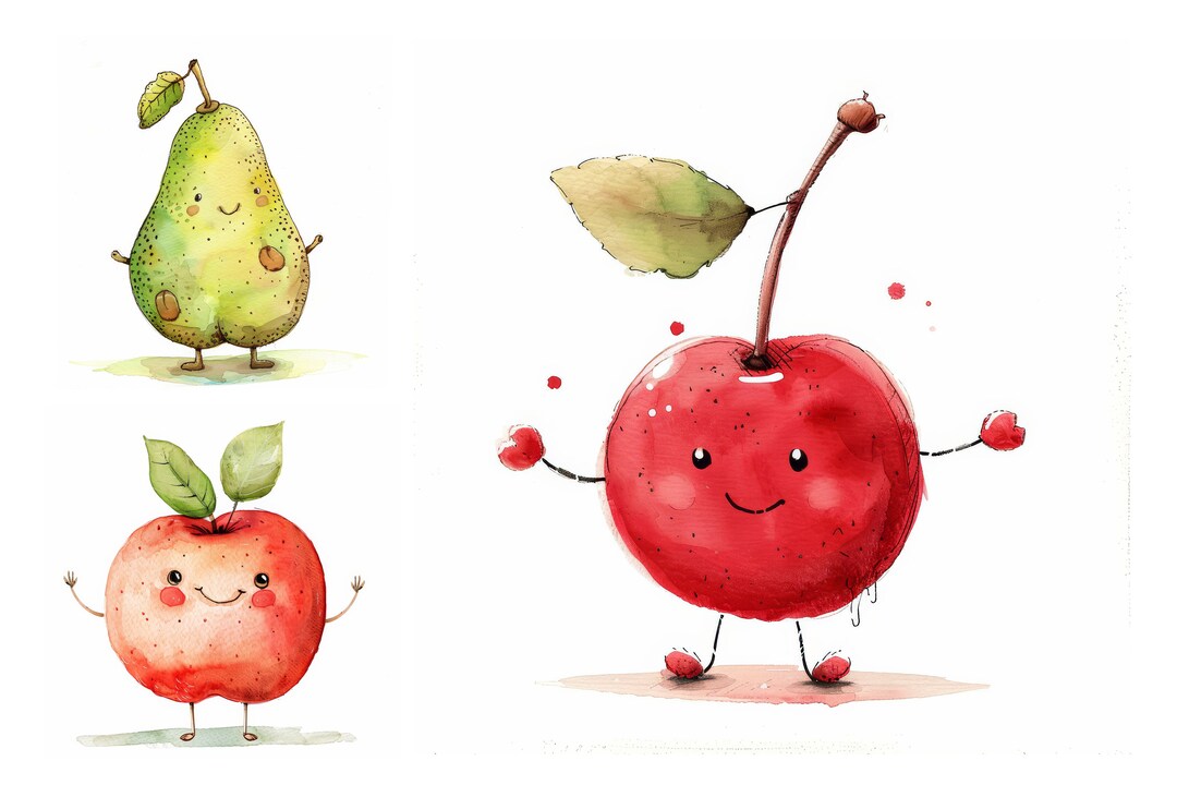 Happy Fruit Clipart Bundle, 9 High Quality Jpgs, Cherry Apple Pear ...