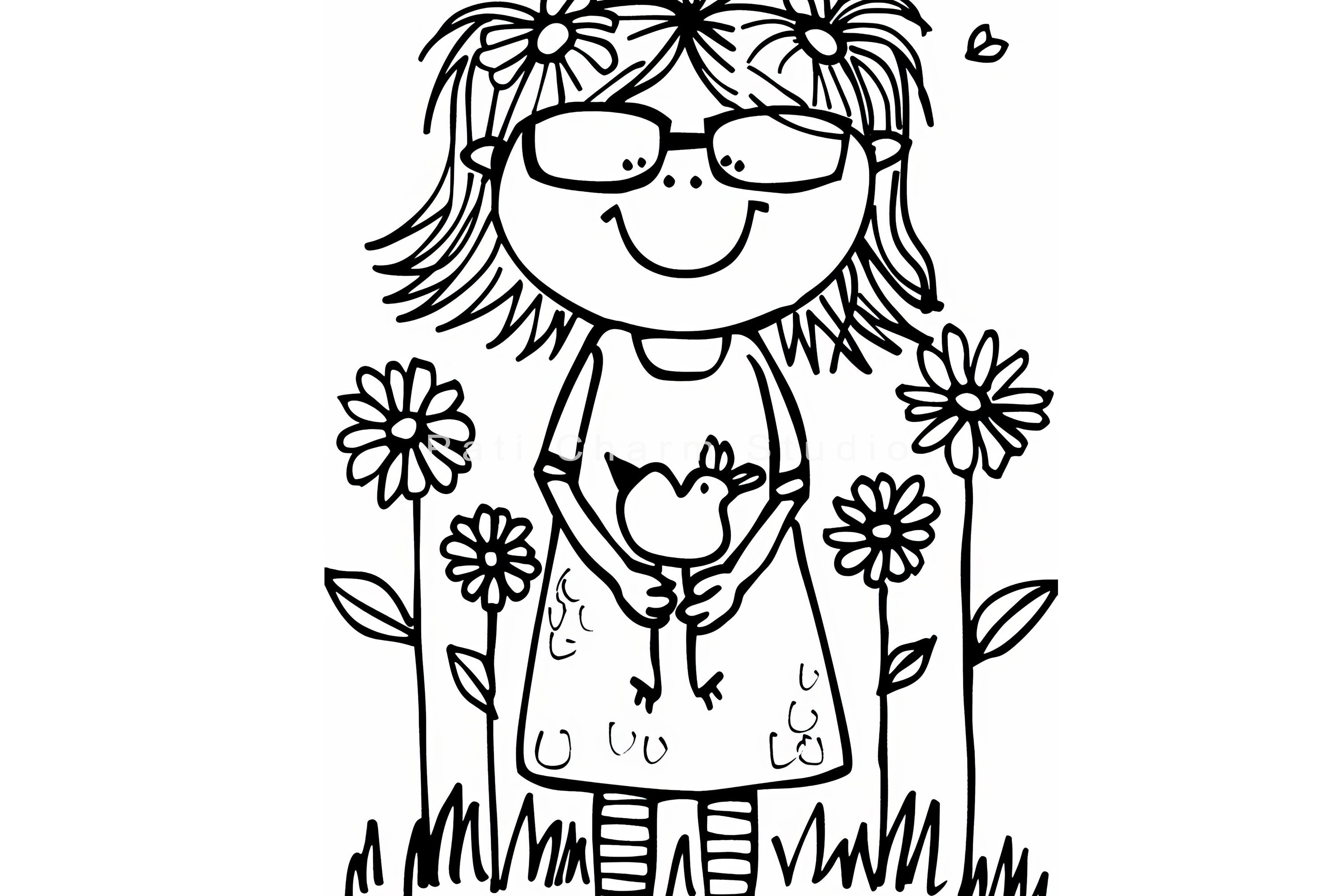 Cute Girl With Flower Coloring Page for Kids, Instant Download ...