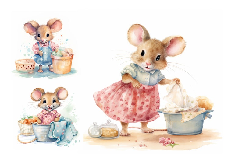Cleaning Mouse Digital Clipart Bundle, High Quality Jpgs, Watercolor ...