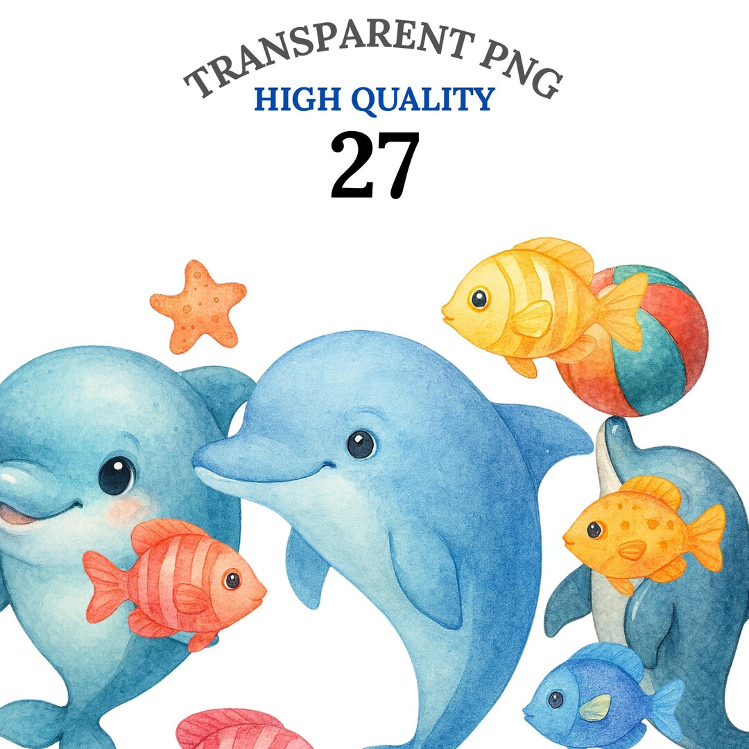 27 Dolphin Clipart PNG, Cute Baby Dolphin & Ocean Animal Bundle ...