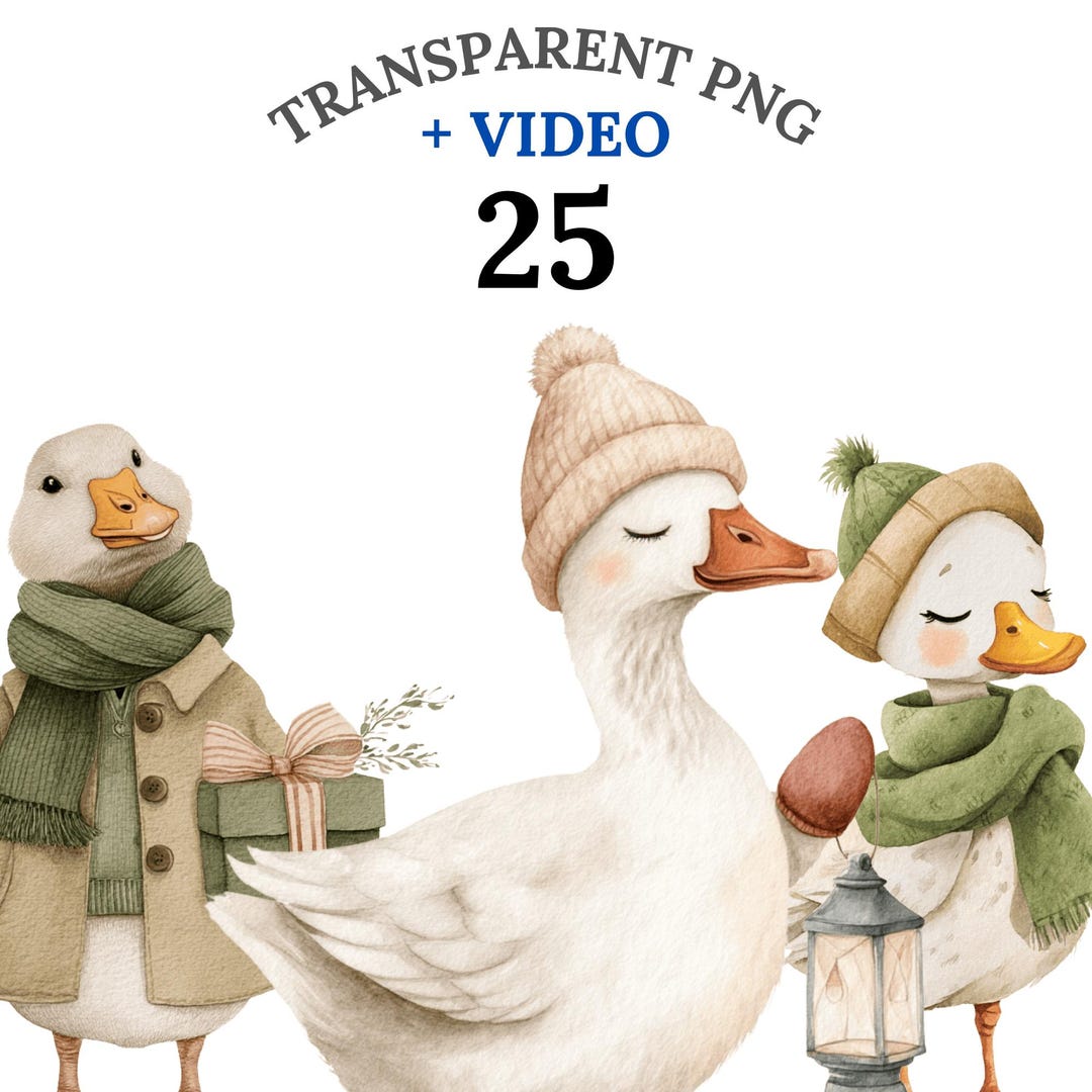 Christmas Goose Clipart Set, Cute Winter Goose PNG Bundle, Holiday Duck ...