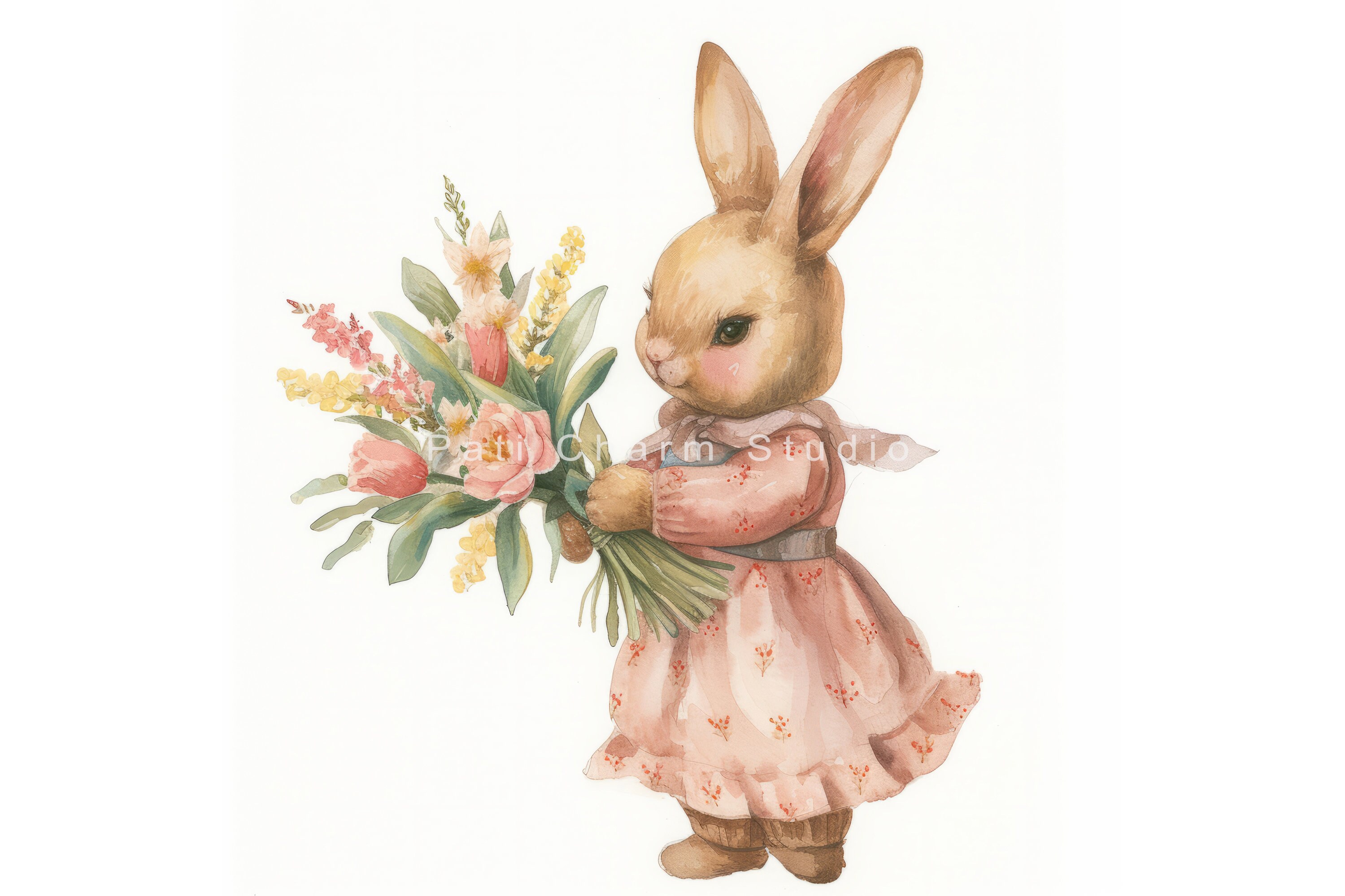Easter Bunny With Flowers Clipart Bundle, Junk Journal, Watercolor ...