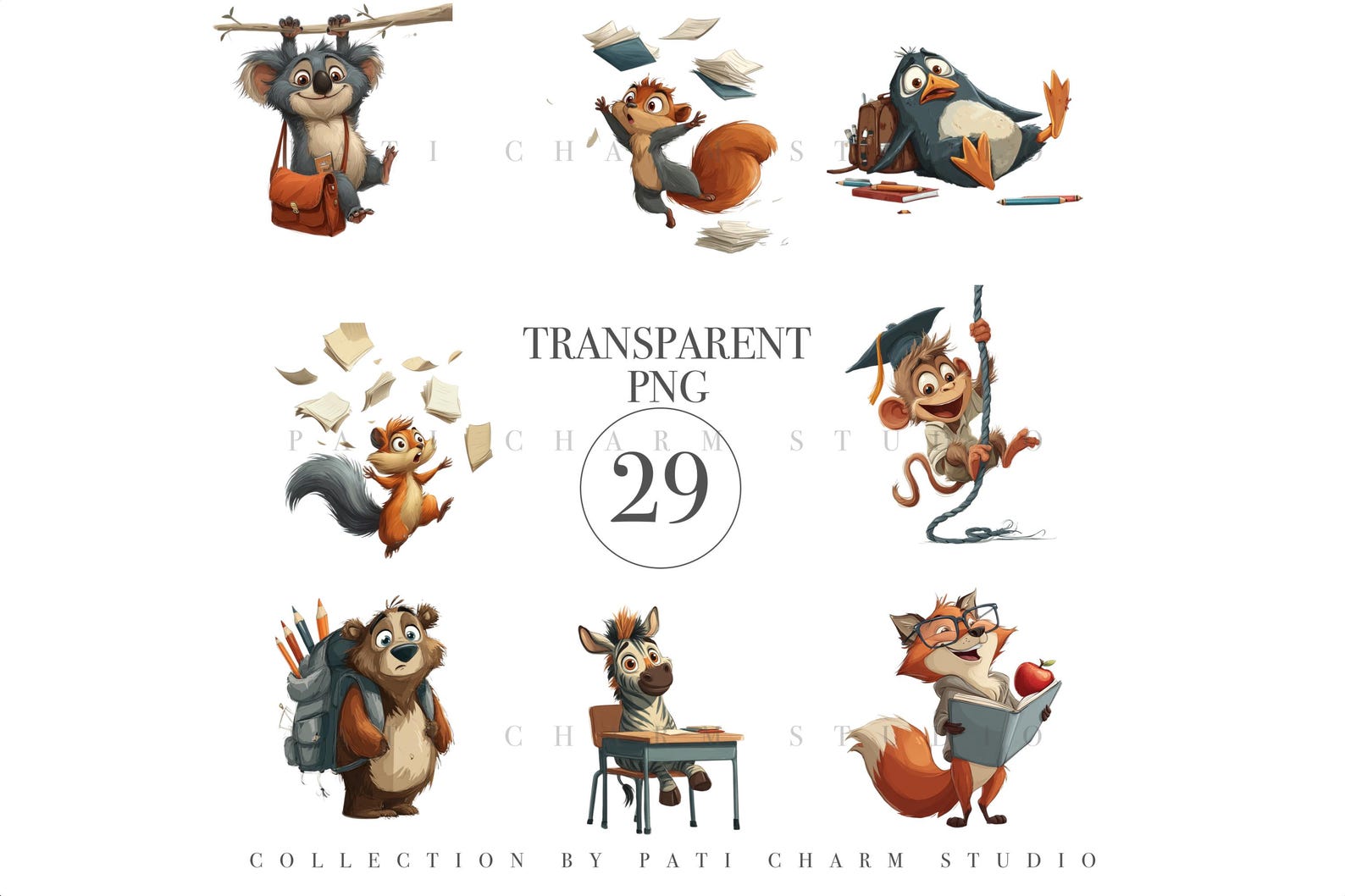School Animal Clipart Set, Back to School PNG, Cute Book Animals, Kids ...