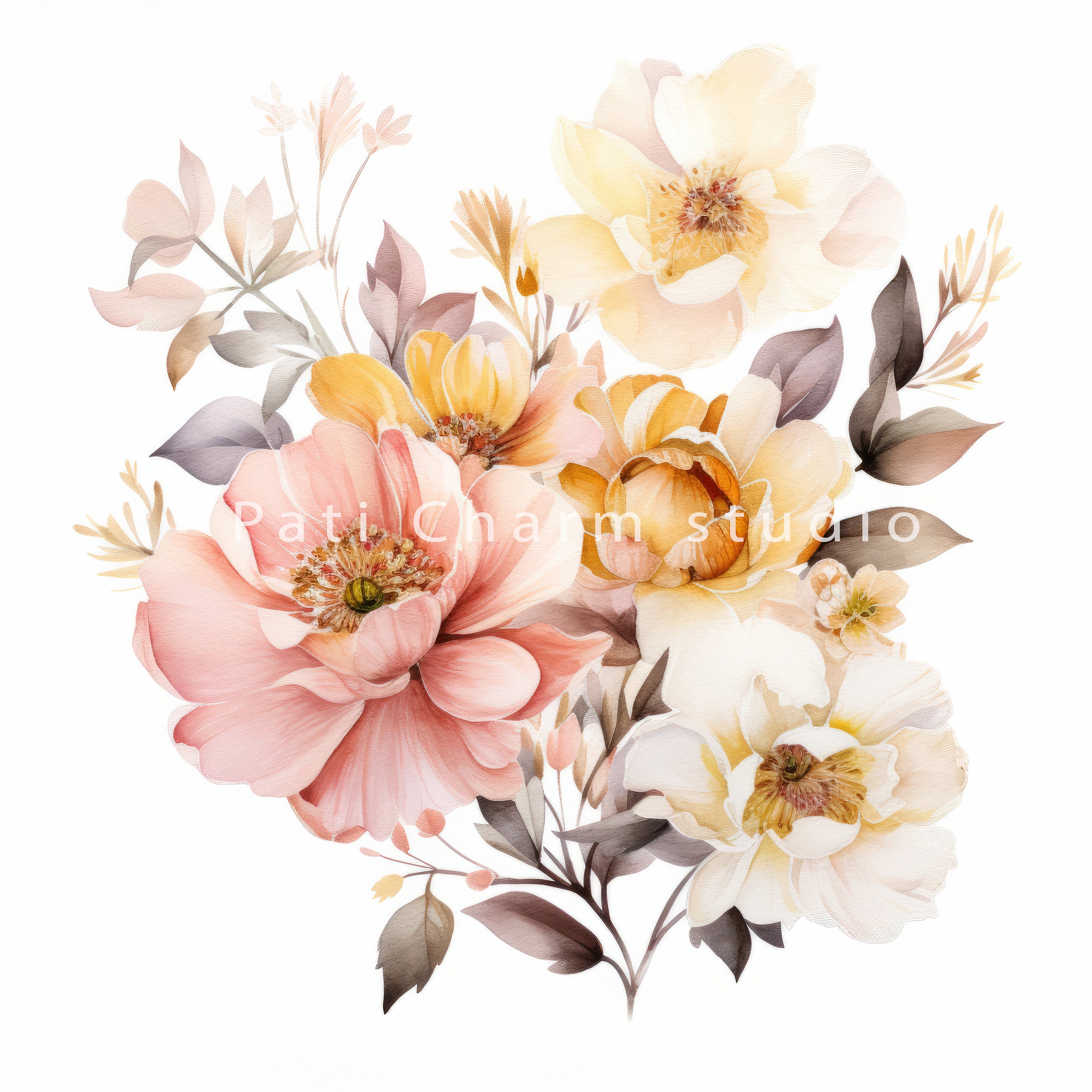 Pink Floral Bouquet Clipart Commercial Use JPG Watercolor - Etsy