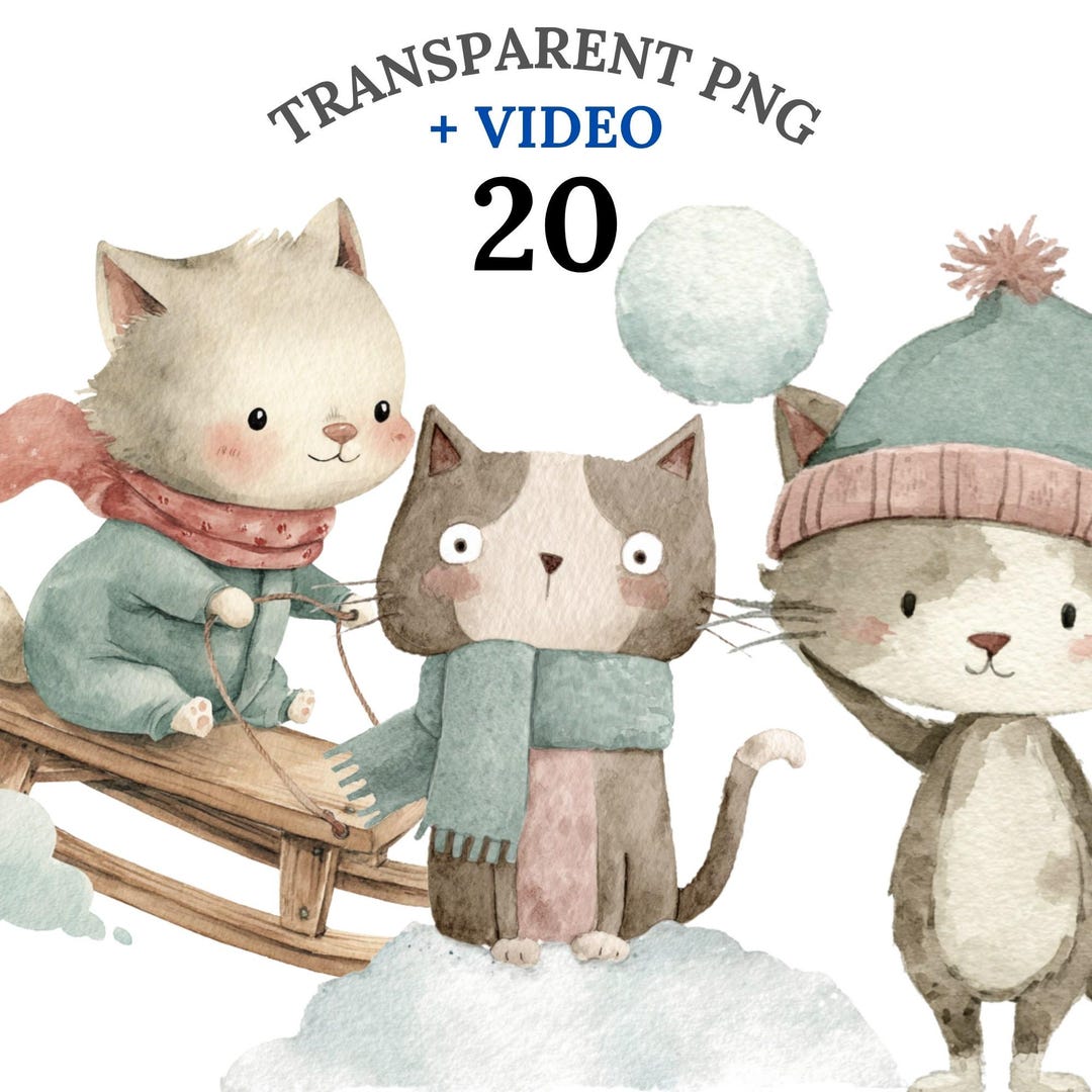 20 Christmas Cute Cat Clipart PNG Set, Watercolor Winter Cat Bundle ...