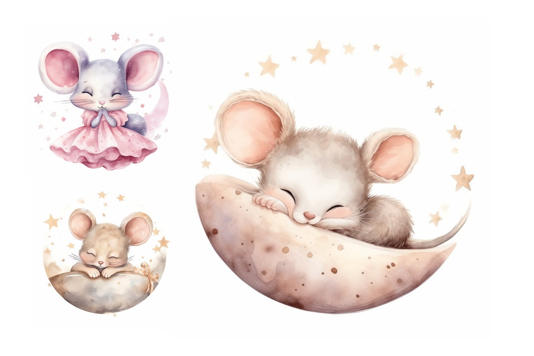 9 Cute Watercolor Sleeping Mouse on the Moon, High Quality Jpgs ...