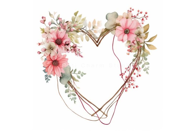 Floral Heart Frame Clipart Bundle, 9 High Quality Jpgs, Watercolor ...