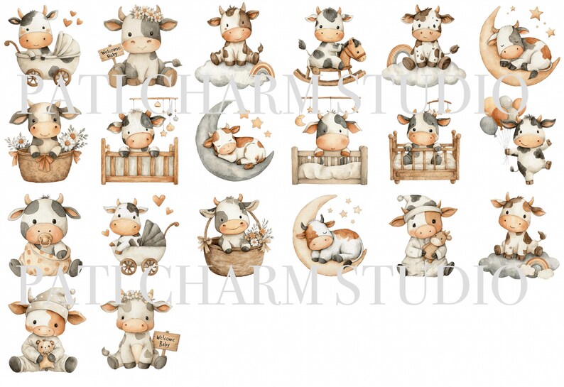 20 Baby Cow Clipart PNG + Video, Cute Farm Animal Nursery Bundle ...