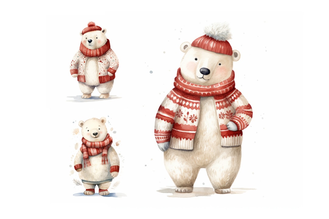 Winter Polar Bear Clipart for Christmas, High Quality Jpgs, Watercolor ...