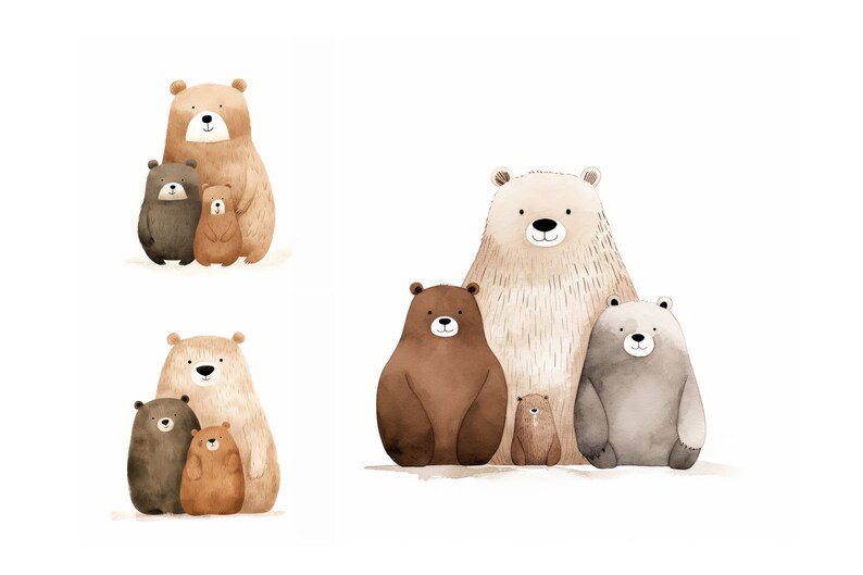 Cute Bear Family Clipart Bundle, High Quality Jpgs, Watercolor Nursery ...