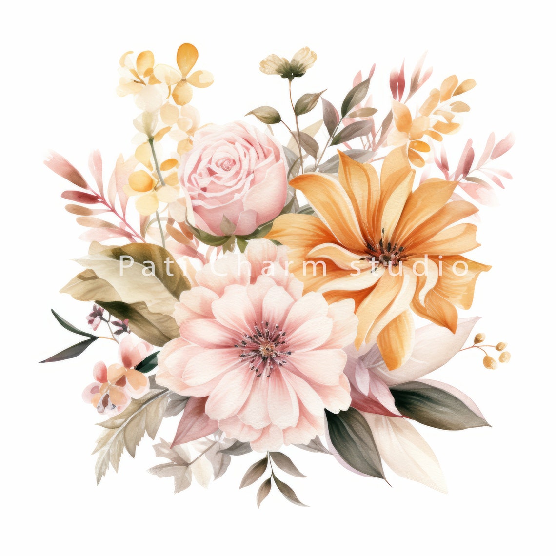 Pink Floral Bouquet Clipart Commercial Use JPG Watercolor - Etsy