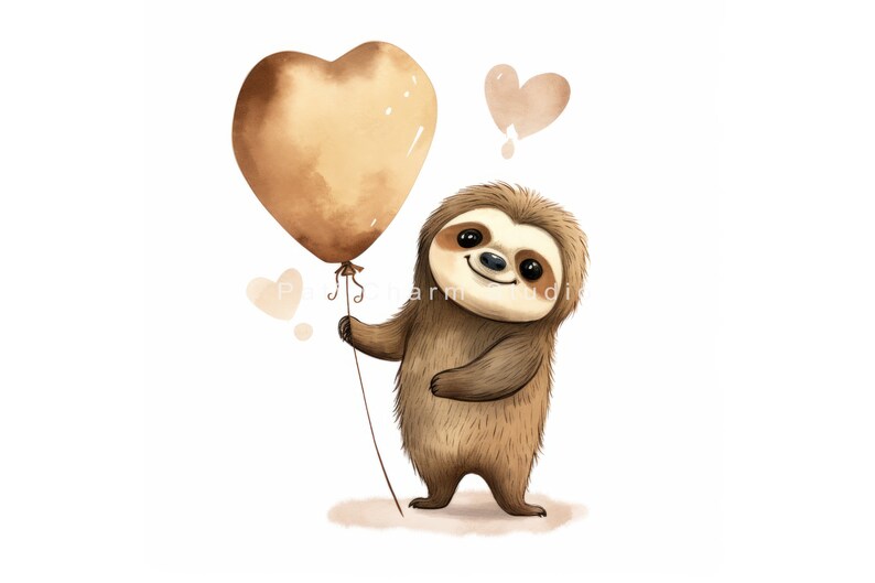 Watercolor Sloth With Heart Balloon Clipart Bundle, Instant Download ...