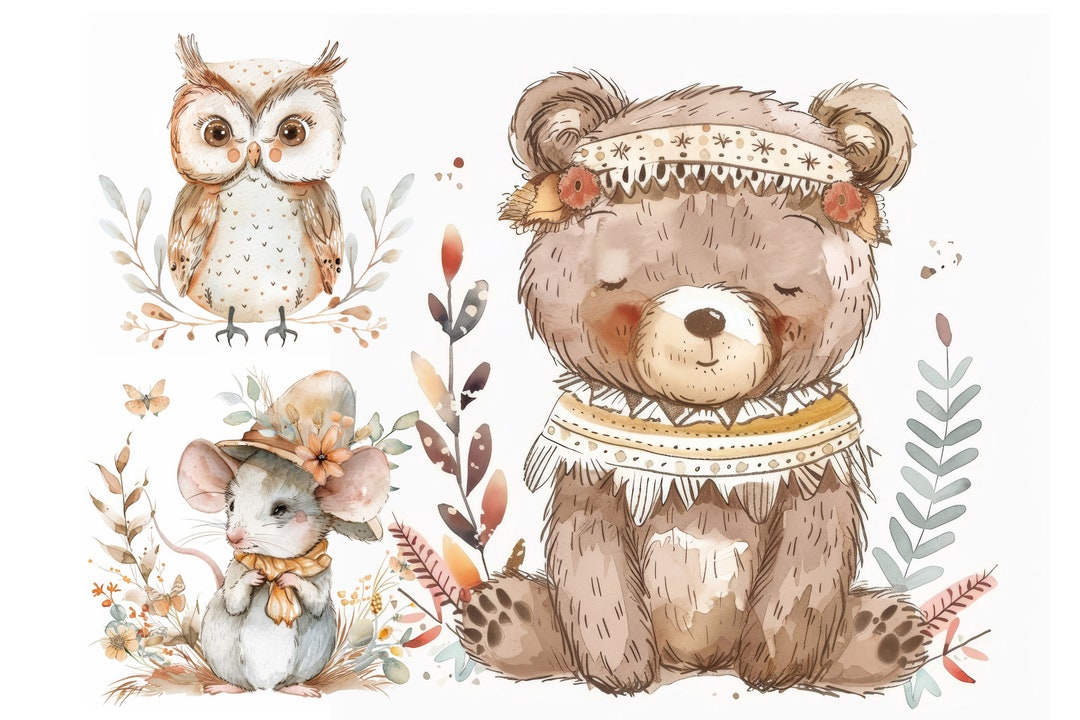 Nursery Boho Animal Clipart Bundle, Boho Woodland, Nursery Baby Animal ...