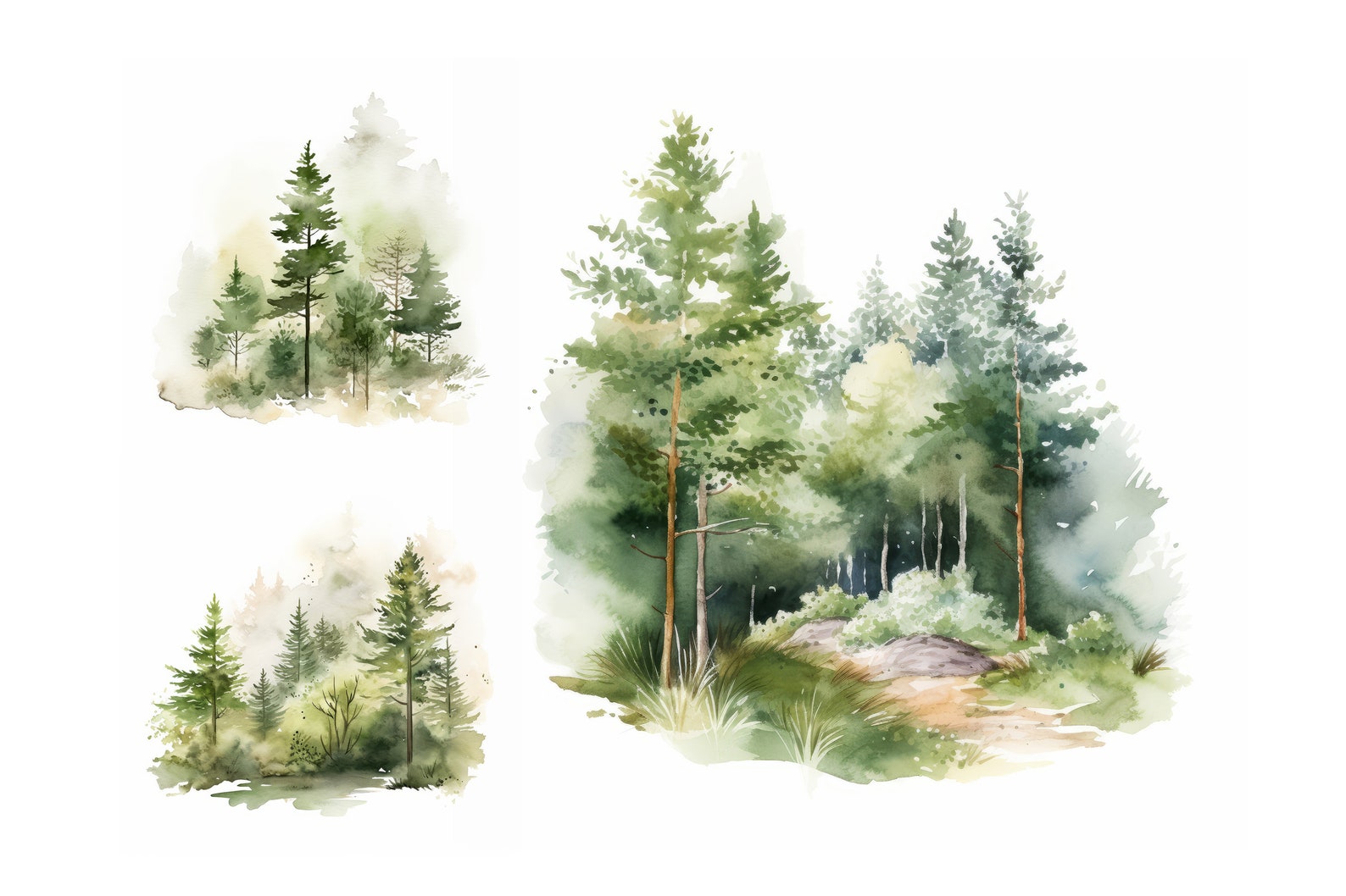 Green Tree Clipart Bundle, Forest Clipart, Watercolor Tree Clipart ...