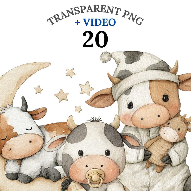 20 Baby Cow Clipart PNG + Video, Cute Farm Animal Nursery Bundle ...