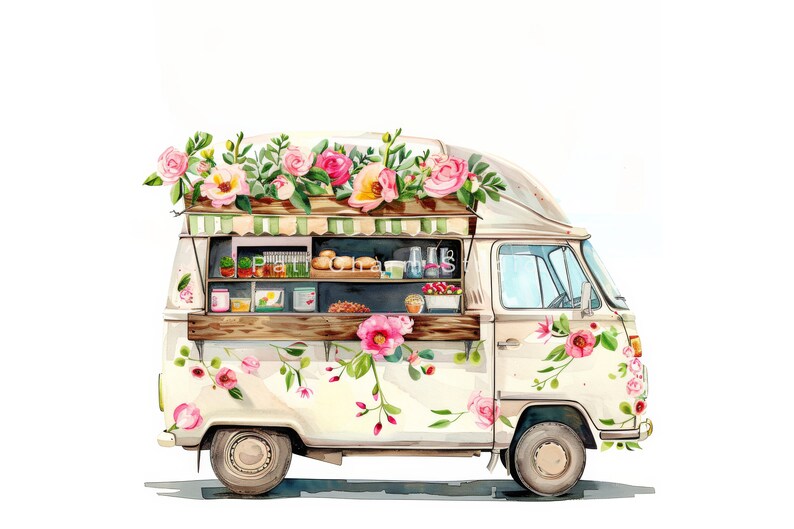 Floral Food Truck Clipart Bundle, Watercolor Food Clipart, Summer ...