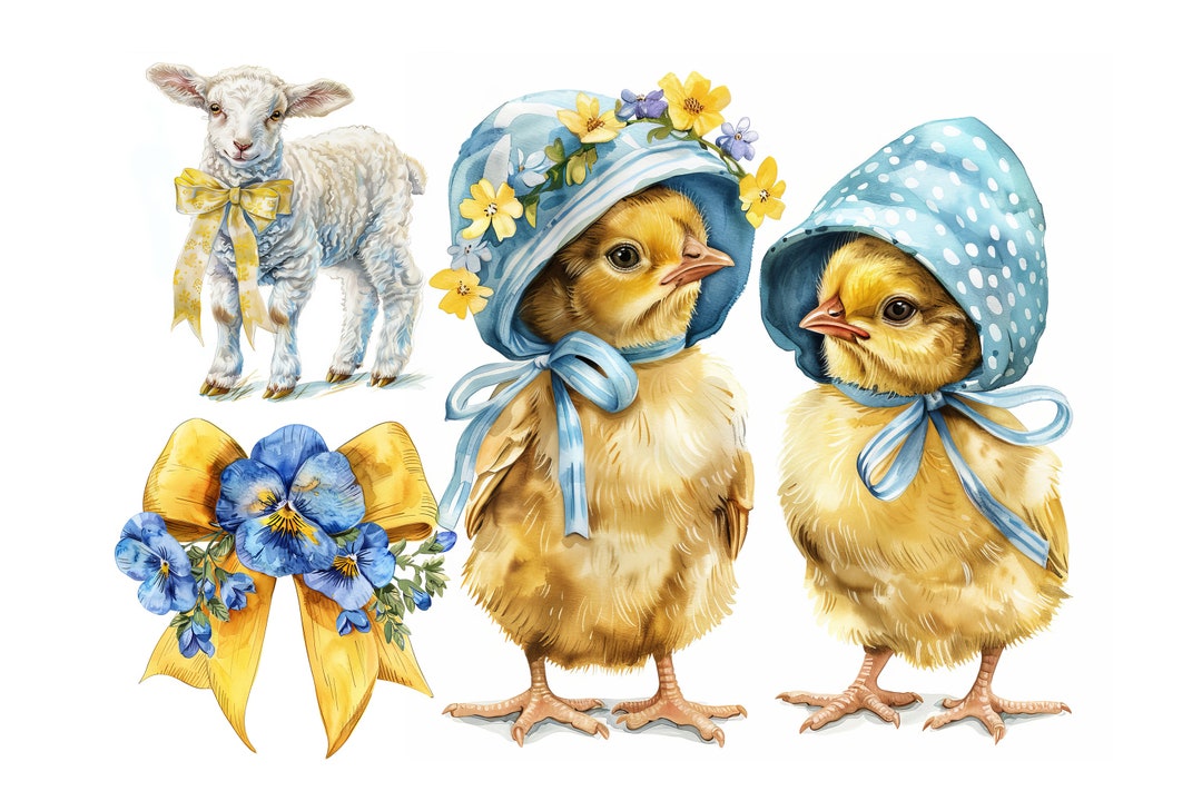 Yellow Easter Clipart Bundle, Digital Background, Cute Chicken Clipart ...